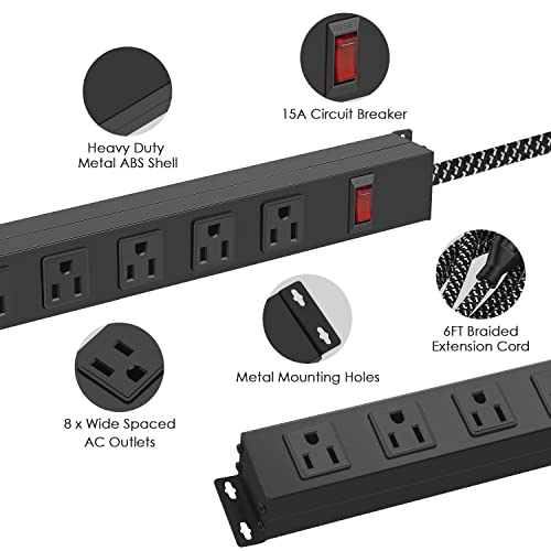 Metal 8 Outlet Mountable Power Strip with Switch,Wide Spaced Heavy Duty Wall Mount Power Strip Surge Protector 1200J,6FT 14AWG Braided Cord 15A 125V 1875W for Home Office Industrial Garage Commercial