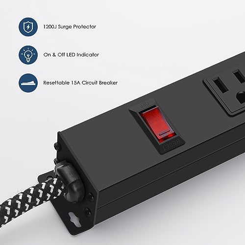 Metal 8 Outlet Mountable Power Strip with Switch,Wide Spaced Heavy Duty Wall Mount Power Strip Surge Protector 1200J,6FT 14AWG Braided Cord 15A 125V 1875W for Home Office Industrial Garage Commercial