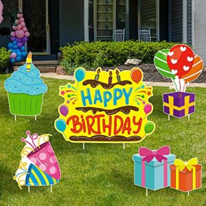 watinc set of 5 happy birthday yard signs with plastic stakes birthday cake cupcake balloon gift box waterproof lawn sign large single sided outdoor for colorful birthday party decorations