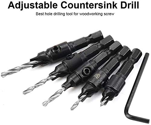 Y-imoi Drill Bit Set 5 Pieces Countersink Drill Bit Set Adjustable Countersink Bit Professional Drill Bits for Metal, Woodworking, Aluminum, Plastic Premium High Speed Steel Bit for Power Tools