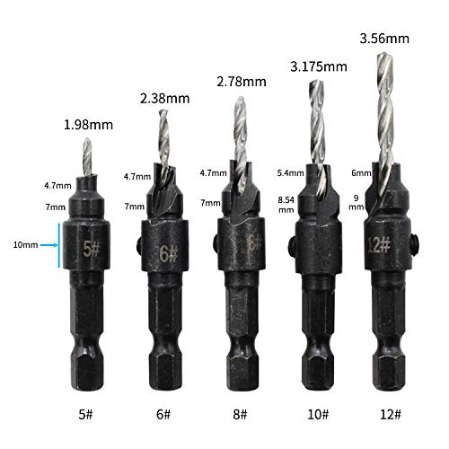 Y-imoi Drill Bit Set 5 Pieces Countersink Drill Bit Set Adjustable Countersink Bit Professional Drill Bits for Metal, Woodworking, Aluminum, Plastic Premium High Speed Steel Bit for Power Tools