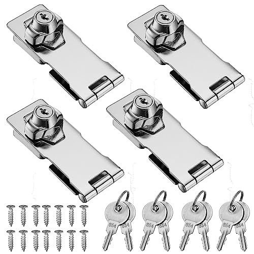 4 Pack Keyed Hasp Latch Lock 4 x 1-5/8 inch Twist Knob Keyed Locking Hasp for Small Doors, Drawer, Cabinets and More, Stainless Steel Chrome Plated Hasp Lock with Keys