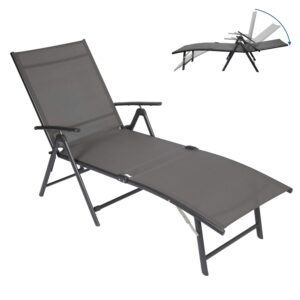 circrane outdoor lounge chair, textiline folding chaise, lounge recliner for beach/yard/pool/patio with 7-positions adjustable backrest & foldable footrest (grey)