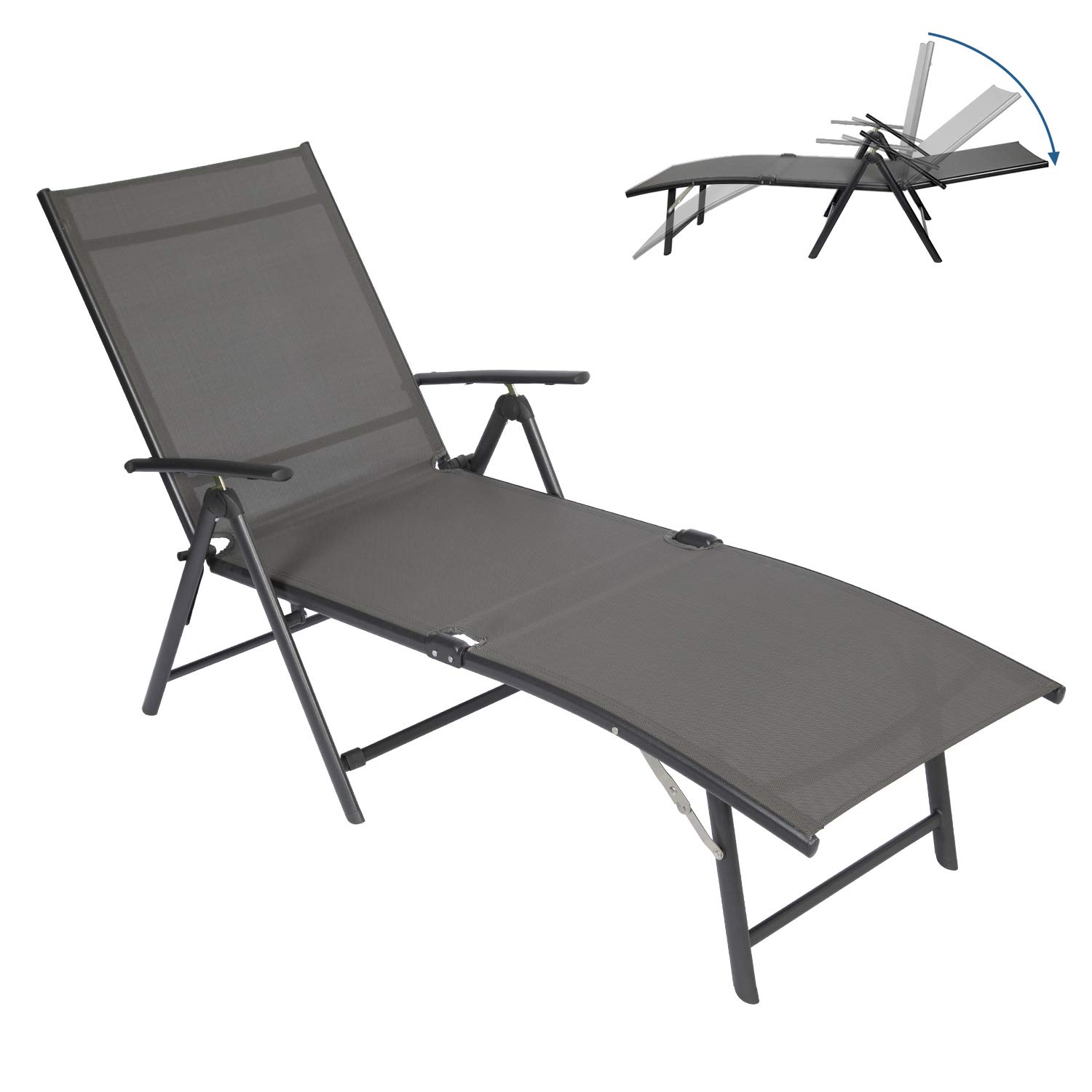 Circrane Outdoor Lounge Chair, Textiline Folding Chaise, Lounge Recliner for Beach/Yard/Pool/Patio with 7-Positions Adjustable backrest & Foldable Footrest (Grey)