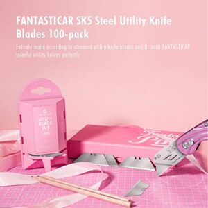 FantastiCAR 100-Pack Utility Knife Box Cutter Blades SK5 Carbon Steel with Pink Dispenser