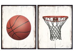 basketball wall art prints set - 8x10 vintage home decor photos - unique gift for men, teens, kobe bryant, michael jordan, lebron james, sports fan - decoration for boys room, bedroom, game room, den