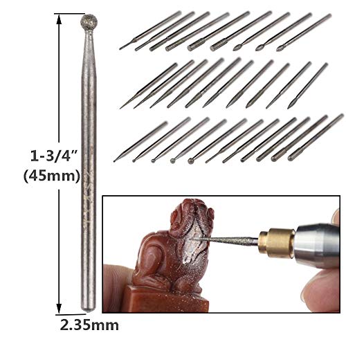 Yakamoz 30Pcs 2.35mm Shank Titanium-Coated Diamond Burrs Set Rotary File Burs Accessories Kit for Rotary Grinder Tools Grinding Polishing Carving Stone Jewelry Glass Ceramics