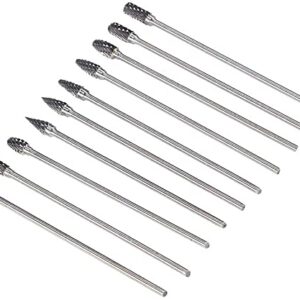 Yakamoz 10Pcs 3mm (1/8") Shank Long Double Cut Tungsten Carbide Burrs Rotary Files Diamond Burs Bit Set for Die Grinder Rotary Tool, 4-Inch Length