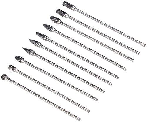 Yakamoz 10Pcs 3mm (1/8") Shank Long Double Cut Tungsten Carbide Burrs Rotary Files Diamond Burs Bit Set for Die Grinder Rotary Tool, 4-Inch Length