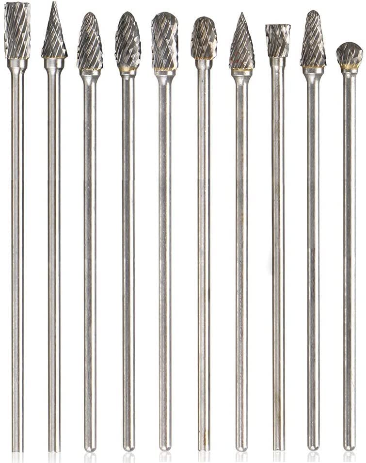 Yakamoz 10Pcs 3mm (1/8") Shank Long Double Cut Tungsten Carbide Burrs Rotary Files Diamond Burs Bit Set for Die Grinder Rotary Tool, 4-Inch Length