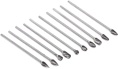 Yakamoz 10Pcs 3mm (1/8") Shank Long Double Cut Tungsten Carbide Burrs Rotary Files Diamond Burs Bit Set for Die Grinder Rotary Tool, 4-Inch Length