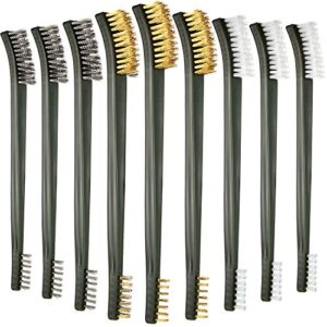 9 pieces mini wire brush set scratch wire bristles brush set rust paint metal cleaner steel nylon brass brush for detailing cleaning welding slag and rust