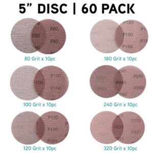 LotFancy 5 Inch Sanding Discs, 60PCS 80 100 120 180 240 320 Grit Mesh Abrasive Dustless Sandpaper Assortment for Car, Woodworking - Hook and Loop Random Orbital Sander Round Sand Paper