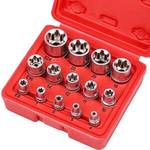 sedy 14-piece e-torx socket set - premium female torx socket set, ultimate star socket set, torque socket set, external torx socket set, e4 e5 e6 e7 e8 e10 e11 e12 e14 e16 e18 e20 e22 e24 socket set