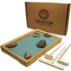 desktop tranquility large japanese zen garden kit for home or office desk | office decor zen garden kit improves meditation | includes sand tray, bamboo tools, rocks, and wooden flower | 11" x 7.5"