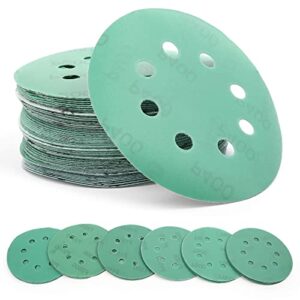 lotfancy 5 inch 8 hole sanding discs - 60pcs 400 600 800 1000 1500 2000 grit wet dry sandpaper fine grit assortment, green film backed, hook and loop random orbital sander sand paper