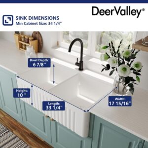 Double Bowl Kitchen Sinks,DeerValley DV-1K028 33" L x 18" W White Farmhouse Ceramic Reversible Double Bowl Farmhouse Front Porcelain Sink with Apron