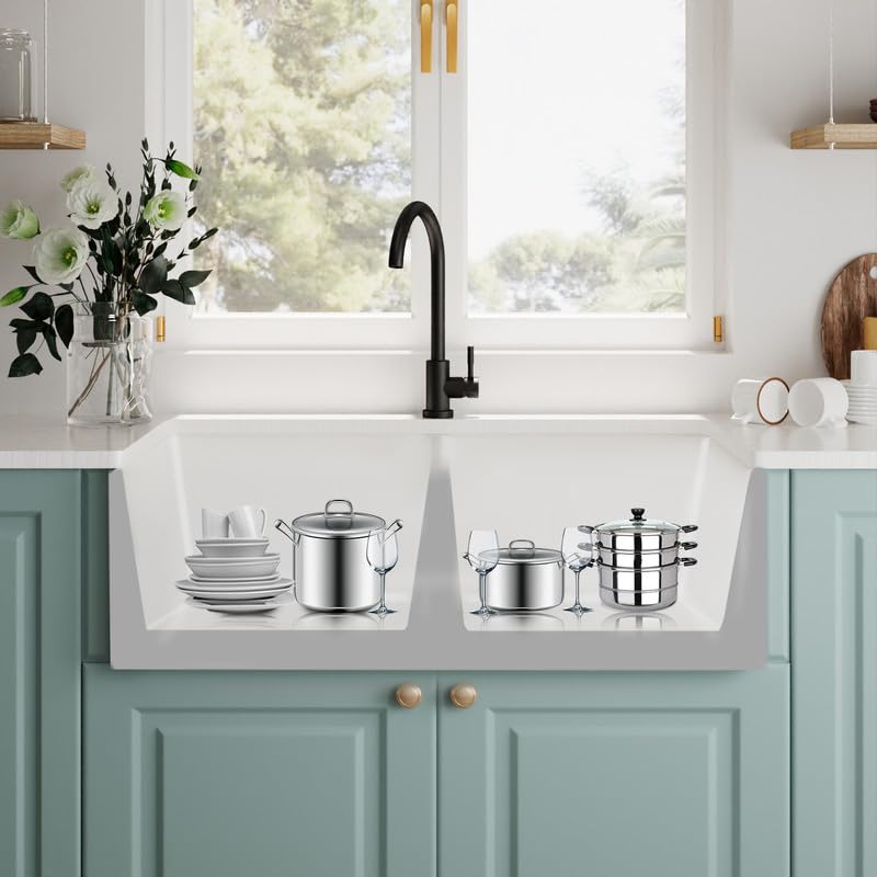 Double Bowl Kitchen Sinks,DeerValley DV-1K028 33" L x 18" W White Farmhouse Ceramic Reversible Double Bowl Farmhouse Front Porcelain Sink with Apron