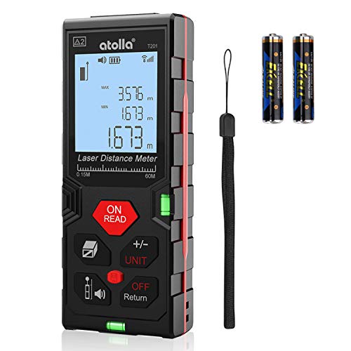 Laser Measure, atolla Laser Distance Meter (196Ft M/In/Ft) up to 60m/±2mm Accuracy with Mute Function, Waterproof IP54, Bubble Level, LCD Backlit for Pythagorean Mode, Measuring Distance, Area, Volume