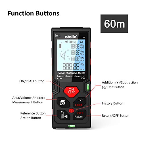 Laser Measure, atolla Laser Distance Meter (196Ft M/In/Ft) up to 60m/±2mm Accuracy with Mute Function, Waterproof IP54, Bubble Level, LCD Backlit for Pythagorean Mode, Measuring Distance, Area, Volume