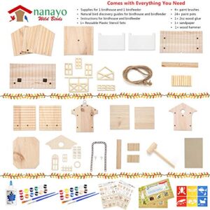 nanayo Wild Birds DIY Bird House Kit for Kids to Build - Birdhouse and Bird Feeder Wood Building Kits with Hanging Chain and Rope, Mallet, Paints and Brushes, Sandpaper, Glue and Bird Discovery Guide