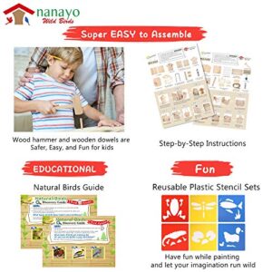 nanayo Wild Birds DIY Bird House Kit for Kids to Build - Birdhouse and Bird Feeder Wood Building Kits with Hanging Chain and Rope, Mallet, Paints and Brushes, Sandpaper, Glue and Bird Discovery Guide