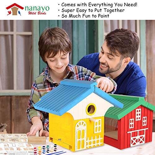 nanayo Wild Birds DIY Bird House Kit for Kids to Build - Birdhouse and Bird Feeder Wood Building Kits with Hanging Chain and Rope, Mallet, Paints and Brushes, Sandpaper, Glue and Bird Discovery Guide