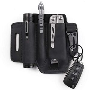 gentlestache multitool sheath for belt, leather edc pocket organizer for men, leatherman sheath with pen holder, key fob, flashlight sheath, edc leather pouch black