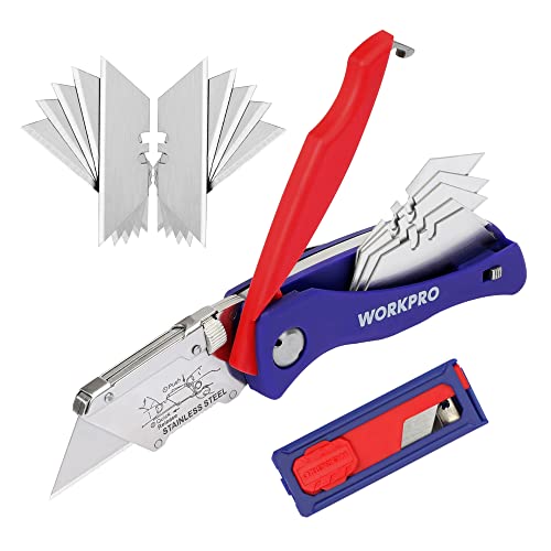 WORKPRO Folding Utility Knife, Quick-Change Box Cutter with Blades Storage Design, Premium SK5 Razor Knife for Cartons, Cardboard, and Boxes, Extra 15-Piece Blades Included