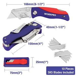 WORKPRO Folding Utility Knife, Quick-Change Box Cutter with Blades Storage Design, Premium SK5 Razor Knife for Cartons, Cardboard, and Boxes, Extra 15-Piece Blades Included