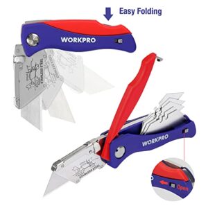 WORKPRO Folding Utility Knife, Quick-Change Box Cutter with Blades Storage Design, Premium SK5 Razor Knife for Cartons, Cardboard, and Boxes, Extra 15-Piece Blades Included