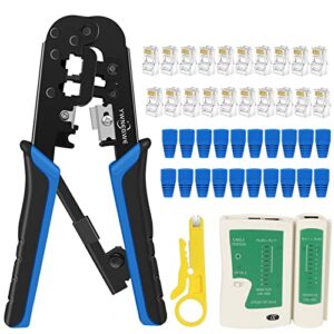 rj45 crimping tool kit ethernet crimp set, rj-11, 6p/rj-12, 8p/rj-45 crimp, cut and strip with 20pcs cat5 cat5e connectors, covers,1 network cable tester 1 wire stripper