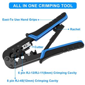 RJ45 Crimping Tool Kit Ethernet Crimp Set, RJ-11, 6P/RJ-12, 8P/RJ-45 Crimp, Cut and Strip with 20PCS CAT5 CAT5e Connectors, Covers,1 Network Cable Tester 1 Wire Stripper