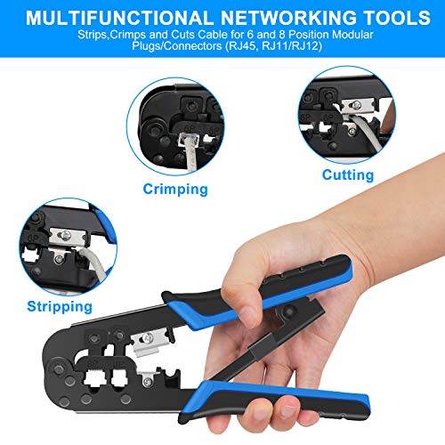 RJ45 Crimping Tool Kit Ethernet Crimp Set, RJ-11, 6P/RJ-12, 8P/RJ-45 Crimp, Cut and Strip with 20PCS CAT5 CAT5e Connectors, Covers,1 Network Cable Tester 1 Wire Stripper