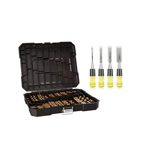 Hurricane 230 Piece Titanium Twist Drill Bits Set with Hurricane 4 Piece Wood Chisel Set Cr-V Construction for Woodworking Carving PVC High Impact Handlesize from 1/4 Inch to 1 Inch