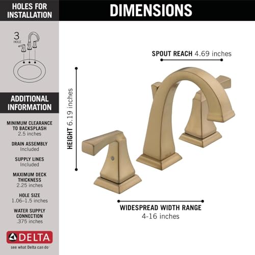 Delta Faucet Dryden Widespread Bathroom Faucet, Bathroom Faucet 3 Hole, Gold Bathroom Sink Faucet, Metal Drain Assembly, Champagne Bronze 3551-CZMPU-DST