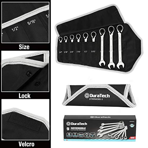 DURATECH Reversible Ratcheting Combination Wrench Set, SAE, 9-Piece, Open end Spanner with Rolling Pouch, 1/4'' to 3/4", 12 Point, CR-V Steel