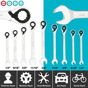 DURATECH Reversible Ratcheting Combination Wrench Set, SAE, 9-Piece, Open end Spanner with Rolling Pouch, 1/4'' to 3/4", 12 Point, CR-V Steel