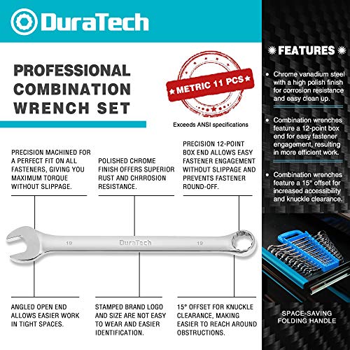 DURATECH Combination Wrench Set, Metric, 11-Piece, 8, 10, 11, 12, 13, 14, 15, 16, 17, 18, 19mm, 12-Point, CR-V Steel, Organized in Wrench Holder