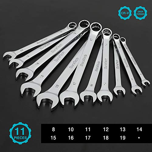 DURATECH Combination Wrench Set, Metric, 11-Piece, 8, 10, 11, 12, 13, 14, 15, 16, 17, 18, 19mm, 12-Point, CR-V Steel, Organized in Wrench Holder