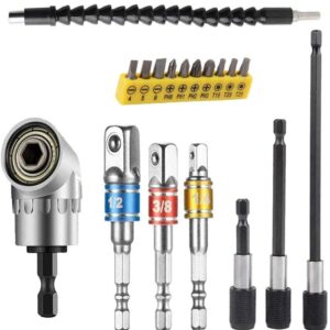 flexible drill bit extension, includes 105° right angle drill, bendable, 3pcs 1/4 3/8 1/2" universal socket adapter set, 3pcs drill bit holder, screwdriver bit kit