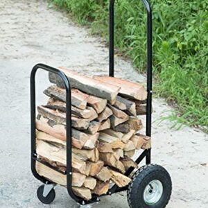 Gardenised Black Firewood Rack Outdoor Indoor, Heavy Duty Firewood Carrier with Front Wheels Wood Fireplace Tool Rack, Rolling Storage Cart Cover Included