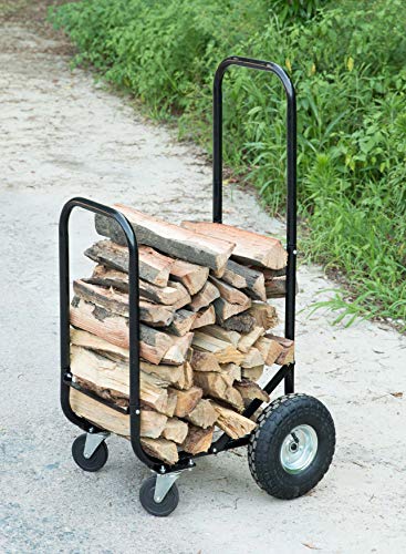 Gardenised Black Firewood Rack Outdoor Indoor, Heavy Duty Firewood Carrier with Front Wheels Wood Fireplace Tool Rack, Rolling Storage Cart Cover Included