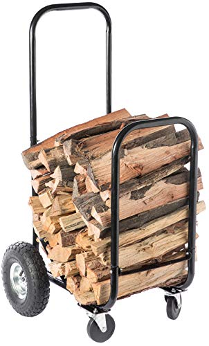 Gardenised Black Firewood Rack Outdoor Indoor, Heavy Duty Firewood Carrier with Front Wheels Wood Fireplace Tool Rack, Rolling Storage Cart Cover Included