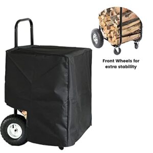 Gardenised Black Firewood Rack Outdoor Indoor, Heavy Duty Firewood Carrier with Front Wheels Wood Fireplace Tool Rack, Rolling Storage Cart Cover Included