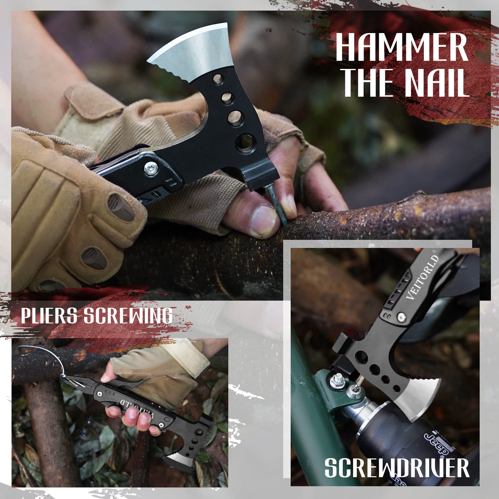 VEITORLD Multitool Axe Hammer Camping Accessories, Stocking Stuffers for Men, Gifts for Mens for Christmas, Dad Gifts for Men Who Have Everything, Birthday Gifts for Him Grandpa Husband Women