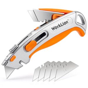 worklion heavy-duty utility knife retractable: zinc alloy body & rubber grip handle & retractable 3 position & blades storage design & extra 5 blades refills - safe box cutter