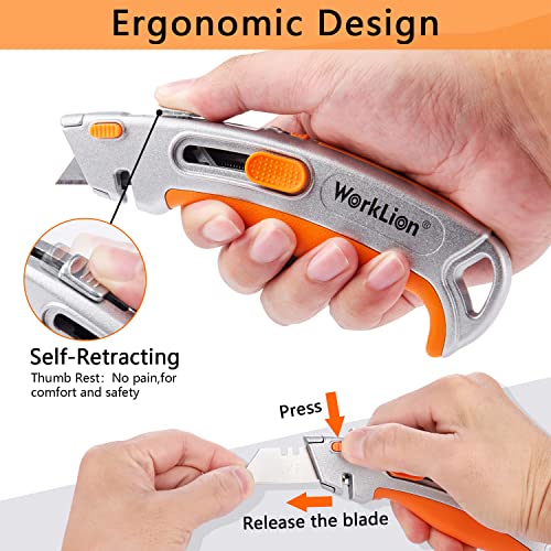 WORKLION Heavy-Duty Utility Knife Retractable: Zinc Alloy Body & Rubber Grip Handle & Retractable 3 Position & Blades Storage Design & Extra 5 Blades Refills - Safe Box Cutter