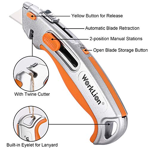 WORKLION Heavy-Duty Utility Knife Retractable: Zinc Alloy Body & Rubber Grip Handle & Retractable 3 Position & Blades Storage Design & Extra 5 Blades Refills - Safe Box Cutter