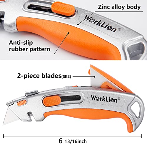 WORKLION Heavy-Duty Utility Knife Retractable: Zinc Alloy Body & Rubber Grip Handle & Retractable 3 Position & Blades Storage Design & Extra 5 Blades Refills - Safe Box Cutter